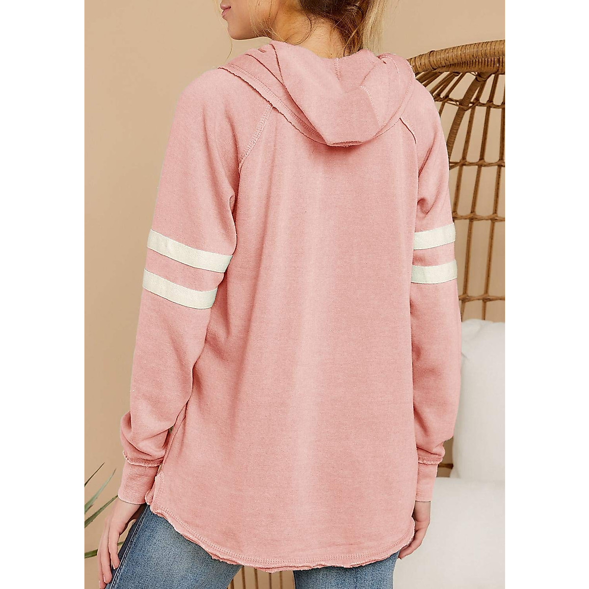 Womens V Neck Hoodies with Pockets Long Sleeve Striped Pullover Tops Sweatshirt Pink