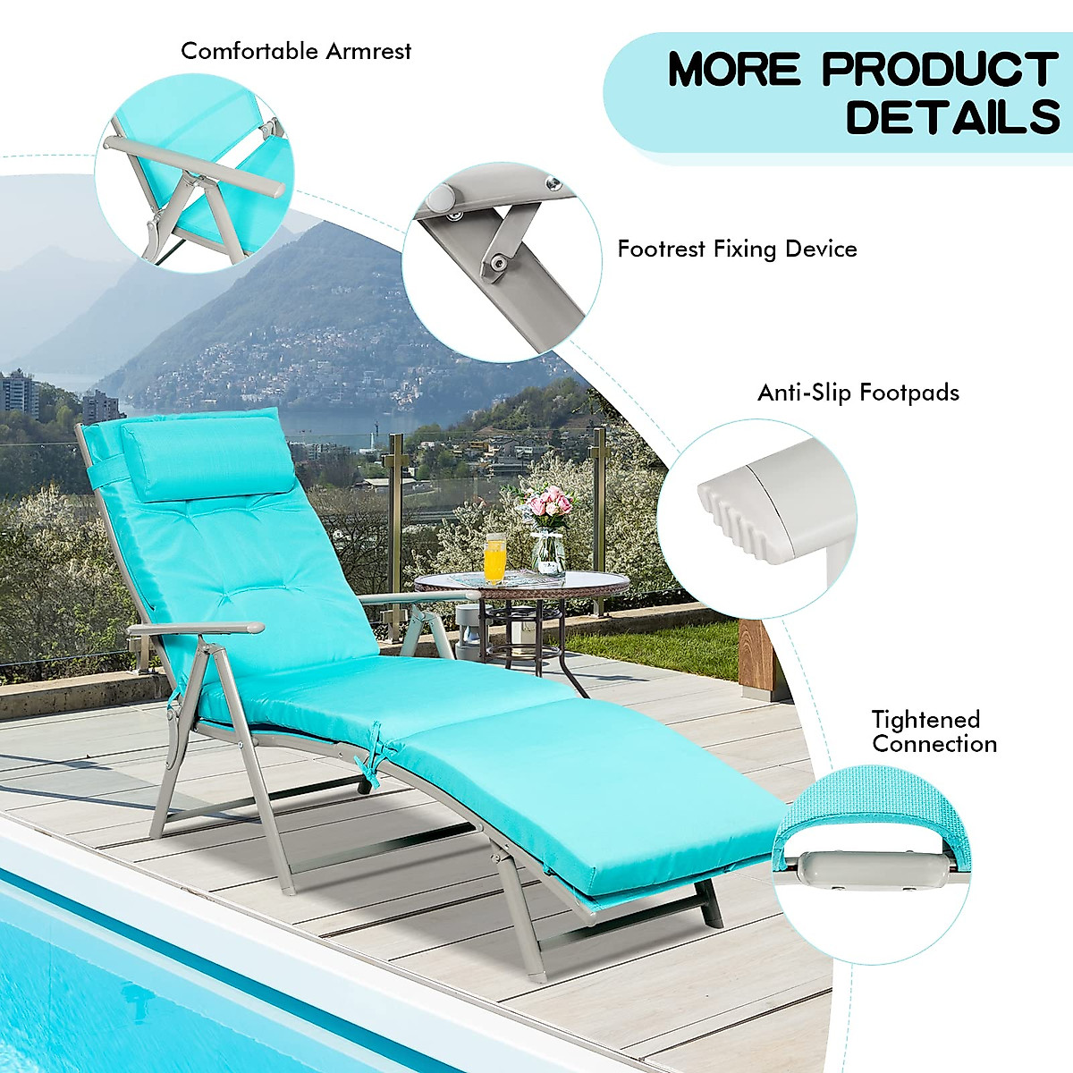 Giantex Chaise Lounge Chair for Outside, Pool Folding Reclining Beach Chair W/Removable Cushion&Headrest Pillow, Outdoor Lounge Chaise w/ 7 Backrest Positions, Portable Patio Lounger (1, Turquoise)