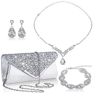 Tiamon 4 Pcs Rhinestone Jewelry Sets for Women Formal Prom Jewelry Earrings Necklace Bracelet Silver Clutch Purses Bag for Evening Wedding Party Christmas Jewelry Gift(Classic Style)