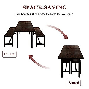 Feonase 3-Piece 63" XL Large Dining Table Set for 4-8 People, Extendable Kitchen Table Set with 2 Benches, Dining Room Table with Metal Frame and Solid MDF Wood Board, Easy Assembly, Espresso
