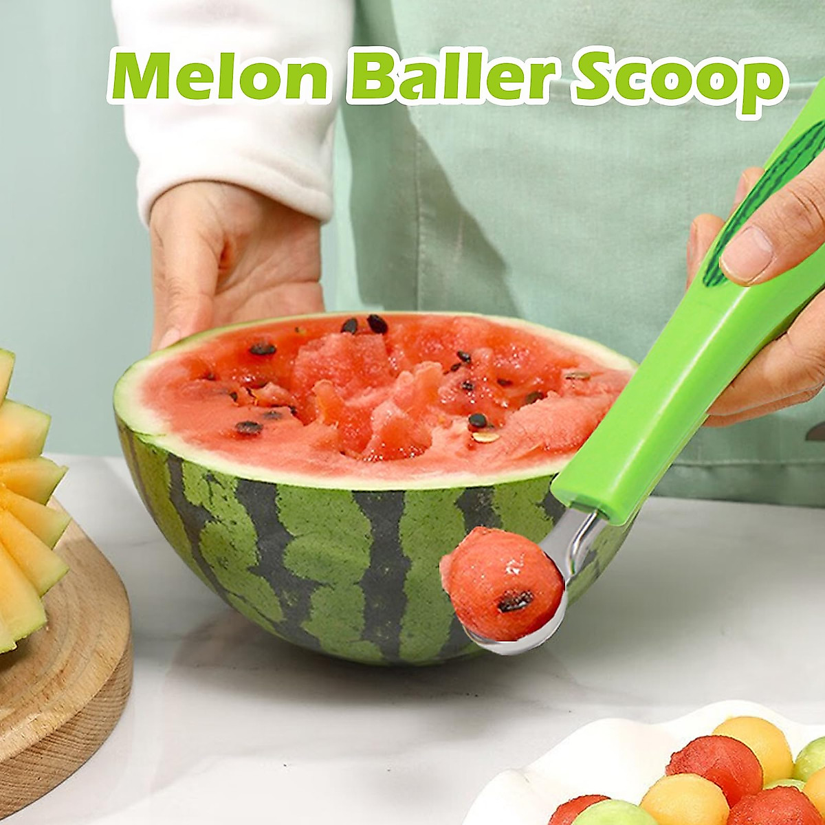 JAYVAR Watermelon Cutter Slicer, 3 in 1 Melon Baller Scoop Set, Fruit Scooper Knife for Dig Pulp Separator, Watermelon Knife for Ice Cream Melon Kitchen Gadget