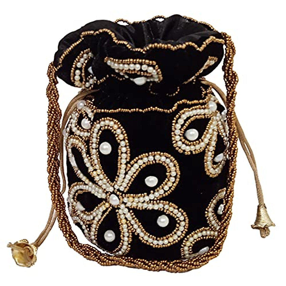 Purpledip Chenille Potli Bag (Clutch, Drawstring Purse): Intricate Bead Work Satchel Handbag, Black (12396A) 