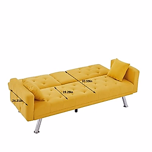 Eafurn Linen Upholstered Convertible Folding Futon Bed, Button Tufted Loveseat Compact Living Space, Apartment, Dorm, Bonus Room w/Metal Legs, 2 Cupholders,Comfy Sofa & Couches, Yellow 75.59"