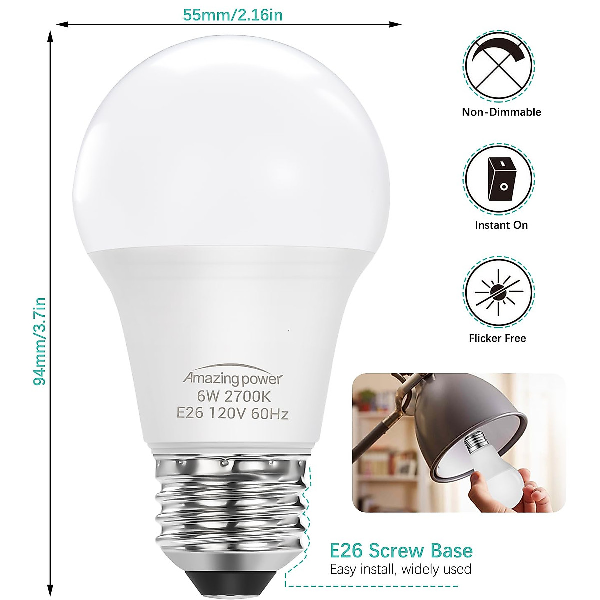 Amazing power E26 LED Bulb, 40W Equivalent Medium Base Light Bulb, Non-Dimmable, Soft White 2700K, 6W E26 LED Light Bulbs for Home Lighting Lamp, 4-Pack