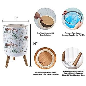Round Trash Can with Press Lid Watercolor Seamless with Cute Farm Animals with Goat Horse Goose and Small Garbage Can Trash Bin Dog-Proof Trash Can Wooden Legs Waste Bin Wastebasket 7L/1.8 Gallon