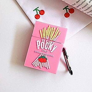 BONTOUJOUR Case for AirPods 1/2, Creative Funny Strawberry Flavor Finger Biscuit Box Shape Case, Stylish Silicone Earphone Protection Skin for AirPods 1/AirPods 2+Hook -Pink