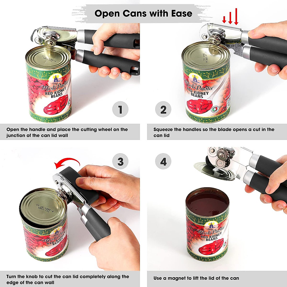 Can Opener Manual, Can Opener with Magnet, Hand Can Opener with Sharp Blade Smooth Edge, Handheld Can Openers with Big Effort-Saving Knob, Can Opener with Multifunctional Bottles Opener, Black