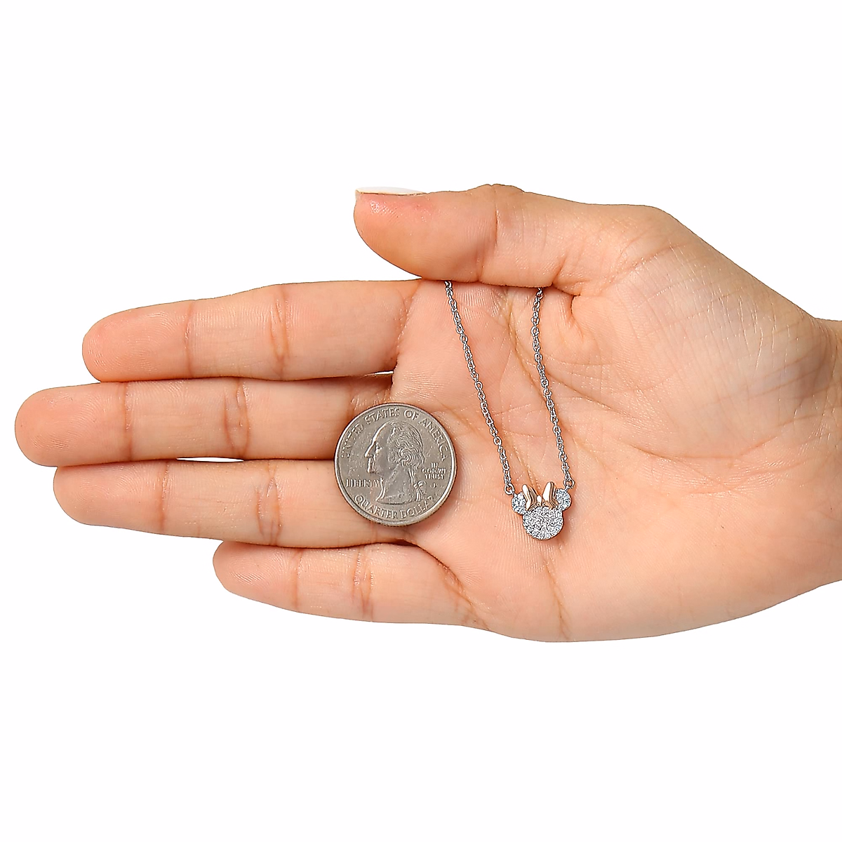 Disney Jewelry, Minnie Mouse Cubic Zirconia Pendant Necklace, Silver Plated, Pink Plated, 16+2" Extender