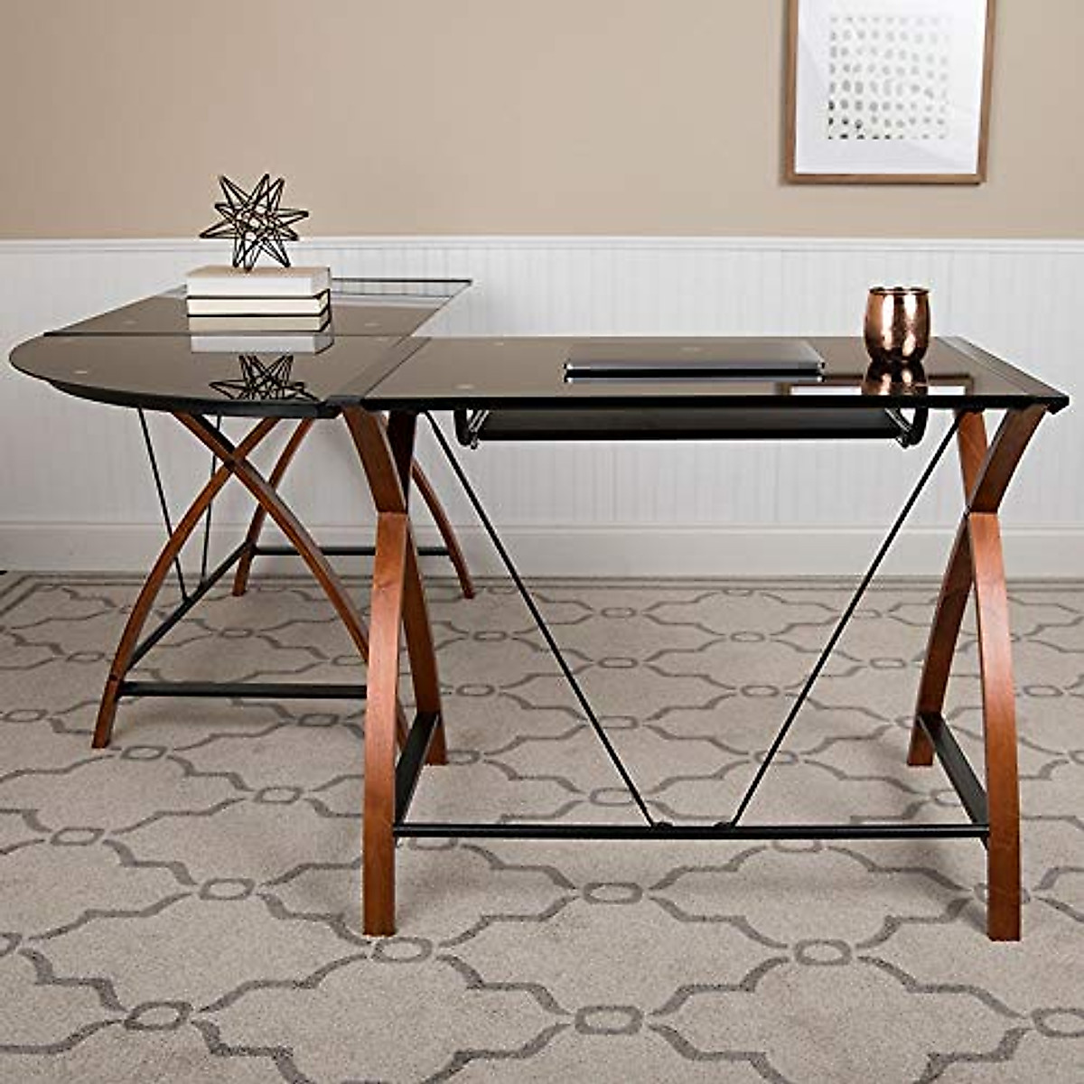 Flash Furniture Jude Black Glass L-Shape Corner Computer Desk with Pull-Out Keyboard Tray