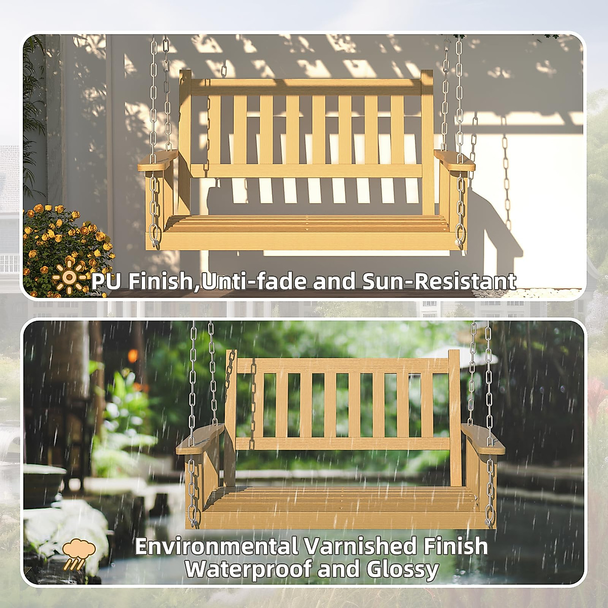 Swing Bench with Heavy Duty Hanging Chains Adjustable Outdoor Wooden Porch Swing [All-Weather Resistant] Outdoor Hanging Swing Bench for Adults/Porch/Yard/Patio(2-Seater)