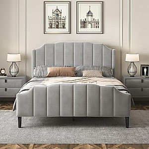 RUNWON Queen Size Upholstered Platform Bed,Bed Frame with Headboard and Footboard for Living Room/Bedroom, Velvet Fabric,Gray