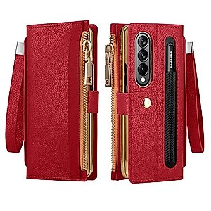 EAXER Design for Samsung Galaxy Z Fold 3 5G Case, Zipper PU Leather Wallet Case Stand Cover Strap Wallet Flip Phone Case Cover (Red)