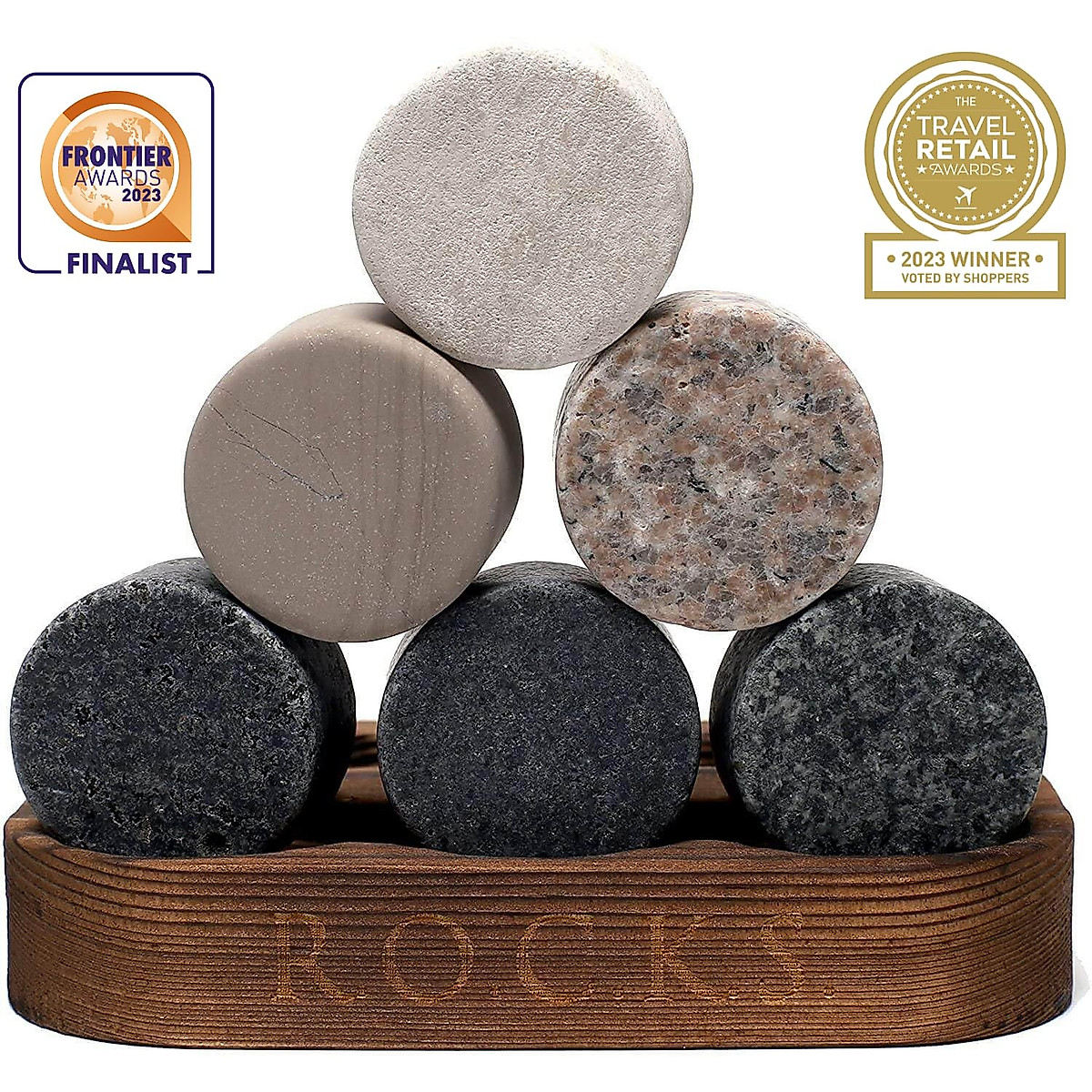 Whiskey Stones & Old Fashioned Cocktail Glass Gift Set - 6 Handcrafted Granite Round Chilling Rocks - Crystal Soleil Whiskey Glasses (11oz) - Hardwood Presentation Tray - Gold Foil Box