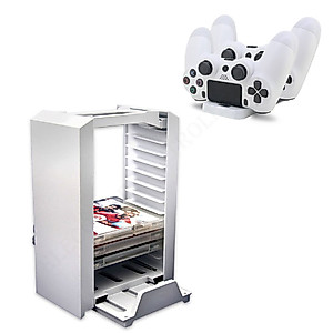 ElecGear Games Disk Tower, Vertical Stand, Dual Charger White Blu-ray DVD Disc Storage Organizer Holder, PS4 Controller Twin Charging Station for Playstation PS4, Pro, Slim