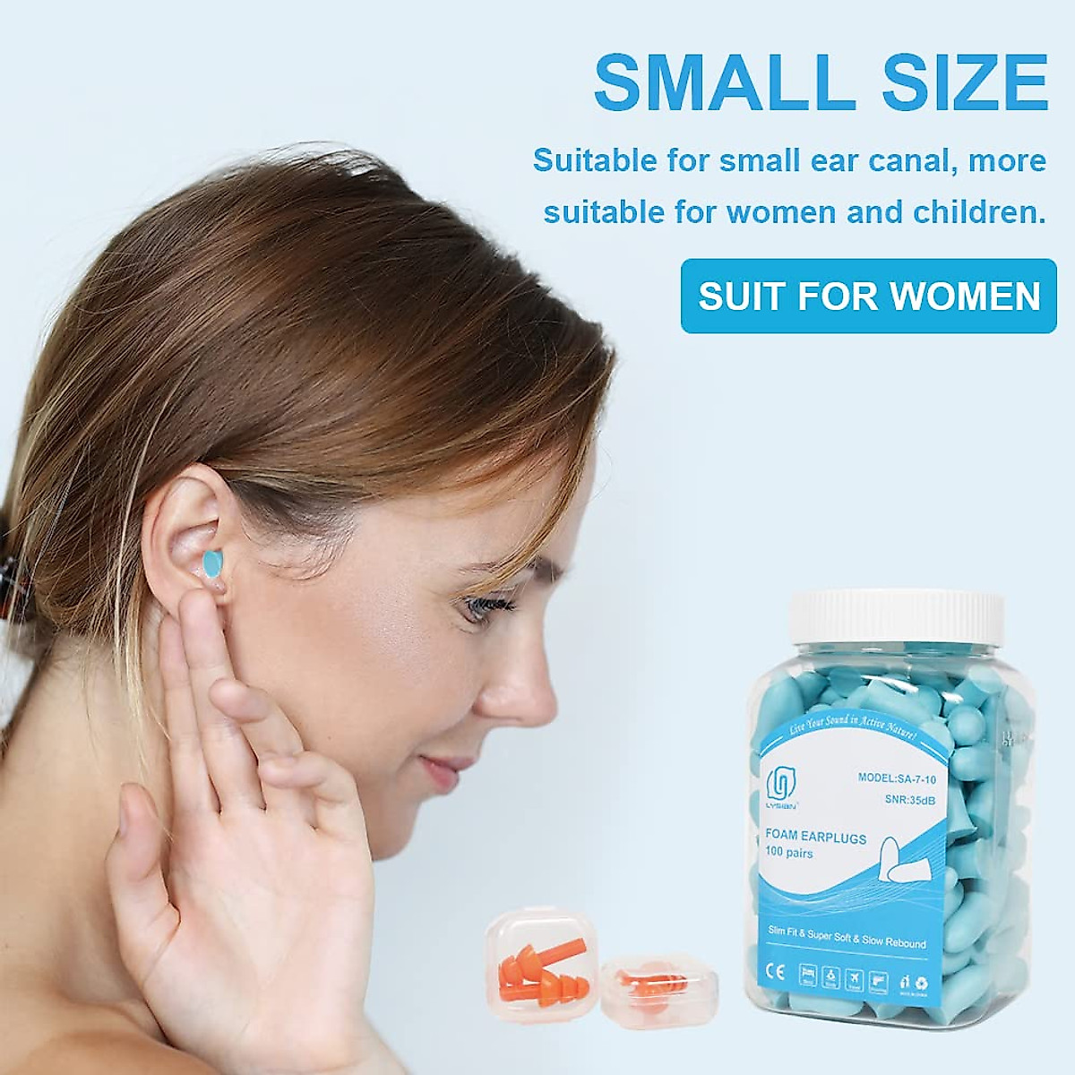 LYSIAN Slim Fit Foam Ear Plugs for Sleeping Women, Kids Small-100 Pairs, 35dB SNR Noise Reduction Earplugs for Sleep, Snoring, Work, Shooting Loud Noise, Lake Blue