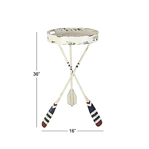 Deco 79 Metal Paddle Side End Accent Table Distressed Striped End Table with Navy and Red Striped Oar Legs, Side Table 16" x 16" x 28", White