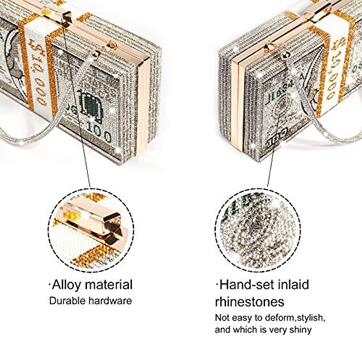 2 Pieces Set Rhinestone US Dollar Money Purse Party Evening Handbags Wedding Dinner Bag, Stack of Cash Clutch Purses,with Crystal Headbands (Grey)
