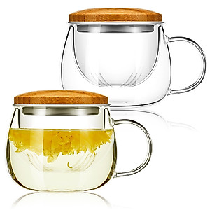 Uiifan Set of 2 Glass Tea Cup with Infuser and Lid 11.8 oz Clear Glass Mugs Thickened Glass Tea Infuser Cup with Removable Strainer for Steeping Blooming Tea Loose Leaf Tea Bag Family Daily
