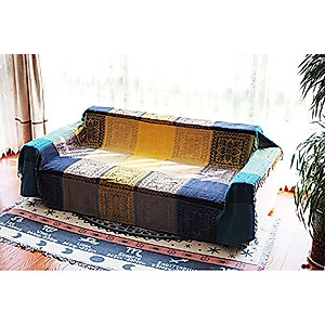 FinalNest Bohemian Tribal Throws Blankets Reversible Colorful Red Blue Boho Hippie Chenille Jacquard Fabric Throw Covers Large Couch Furniture Sofa Chair Loveseat Recliner Oversized (Blue, L:102x87)