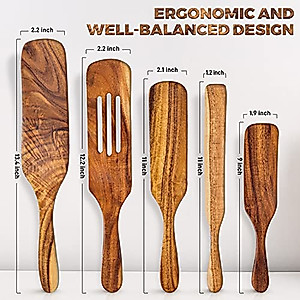 Wooden Spurtle Set Of 5 For Cooking, Acacia Wooden Utensils For Cooking, Wooden Spoons for Cooking, Non-Stick Tool Sets, Versatile Tools, As Seen On TV Bamboo Spatulas, Premium Utensil Spoons