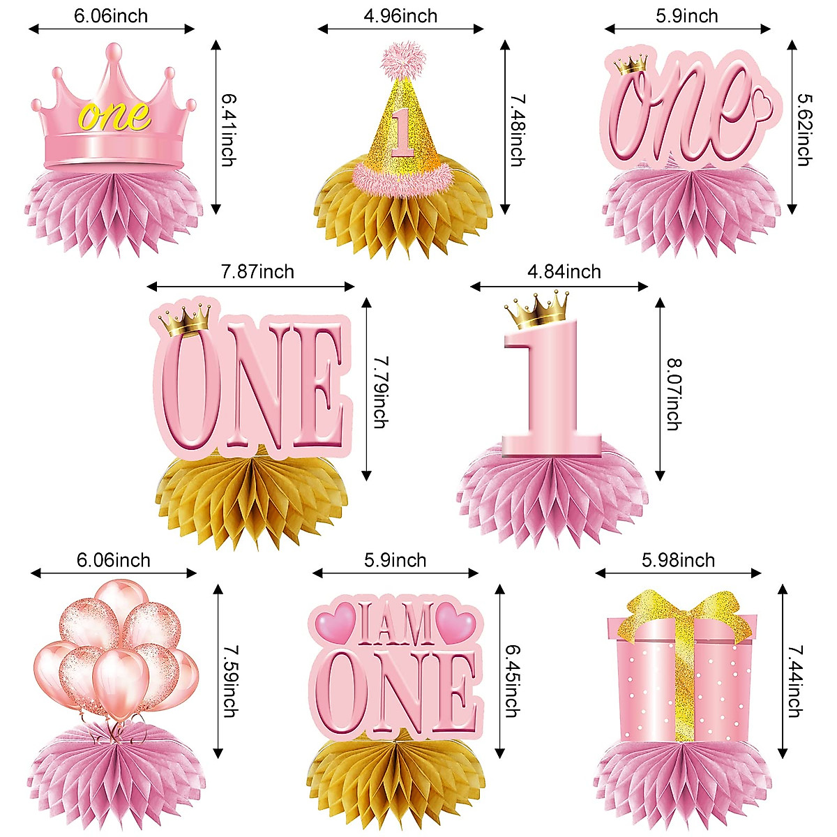 8Pcs 1st Birthday Decorations Honeycomb Centerpieces for Baby Girls, Pink Rose Gold I Am One Happy First Birthday Table Centerpieces Party Supplies, One Year Old Bday Table Toppers Decor