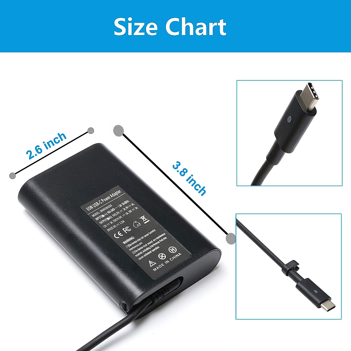 65W Type C USB C Charger LA65NM170 DA65NM170 for Dell Chromebook 11 3380 5190;Inspiron 13 5310;Latitude 12 5285 5289 5290 5300 5400 5500 7200 7275 7285 7300 7370 7389 7390;XPS 9250 9350 9360 9365 9370