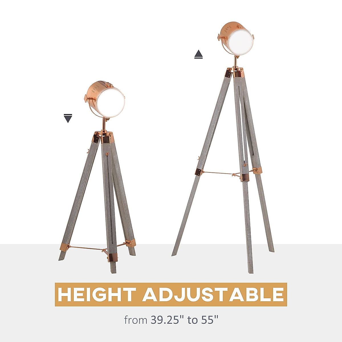 HOMCOM Vintage Tripod Floor Lamp, Height Adjustable Nautical Spotlight with Wood Legs, E12 Lamp Base for Living Room, Bedroom, Grey and Rose Gold