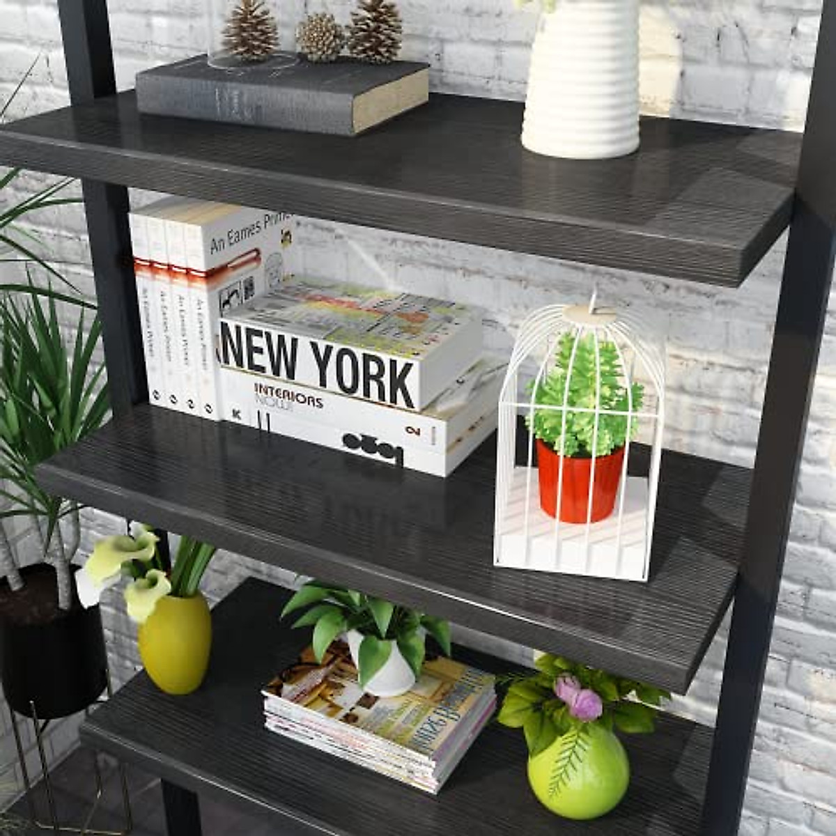 Lamerge Wall-Mounted Ladder Shelf,Industrial 5 Tier Bookcase with Metal Frame, Plant Flower Stand Display Storage Organizer Shelves,Open Bookshelf for Home Office,Black+Black