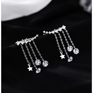 Reffeer Solid 925 Sterling Silver Crawler Earrings Tassel Chain Dangle for Women 7 Crystal Cuff Earrings Chain Wraps Climber