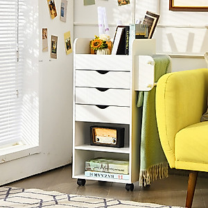 Tangkula Rolling Storage Drawer Cart, Wooden Utility Cart w/ 3 Drawers, 3 Shelves, 3 Slots and 2 Dowels, Organizer Cabinet w/Lockable Casters, Mobile Cart for Study, Living Room, Office, White