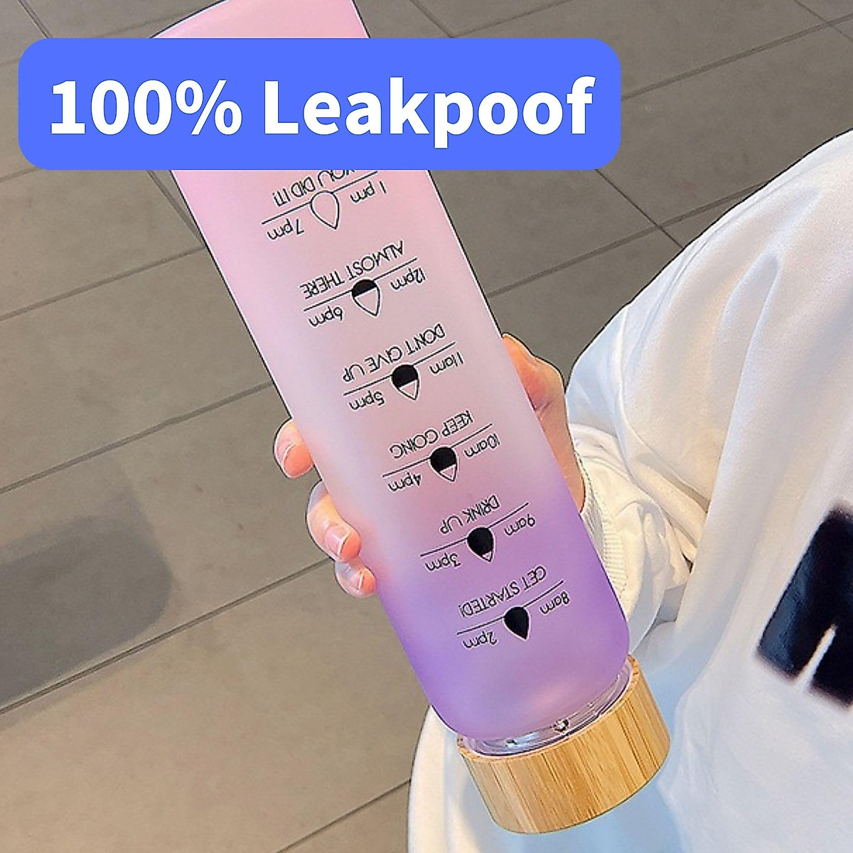 HOLABEAR Glass Motivational Daily Water Intake Bottle with Time Marker 32oz, Reusable, with Leakproof Bamboo Lid and Shoulder Sleeve, for Hot and Cold Drinks, BPA Free(Blue)