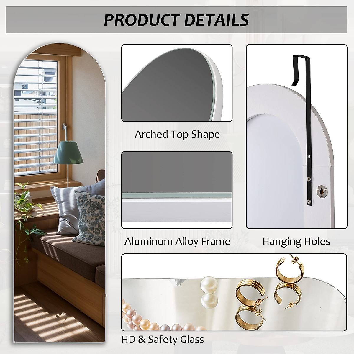 Kasibie Arched Full Length Mirror, 47"x14.5" Wall Mounted Mirror, Over The Door Hanging Mirror, Arched Mirror for Bedroom Living Room (White)