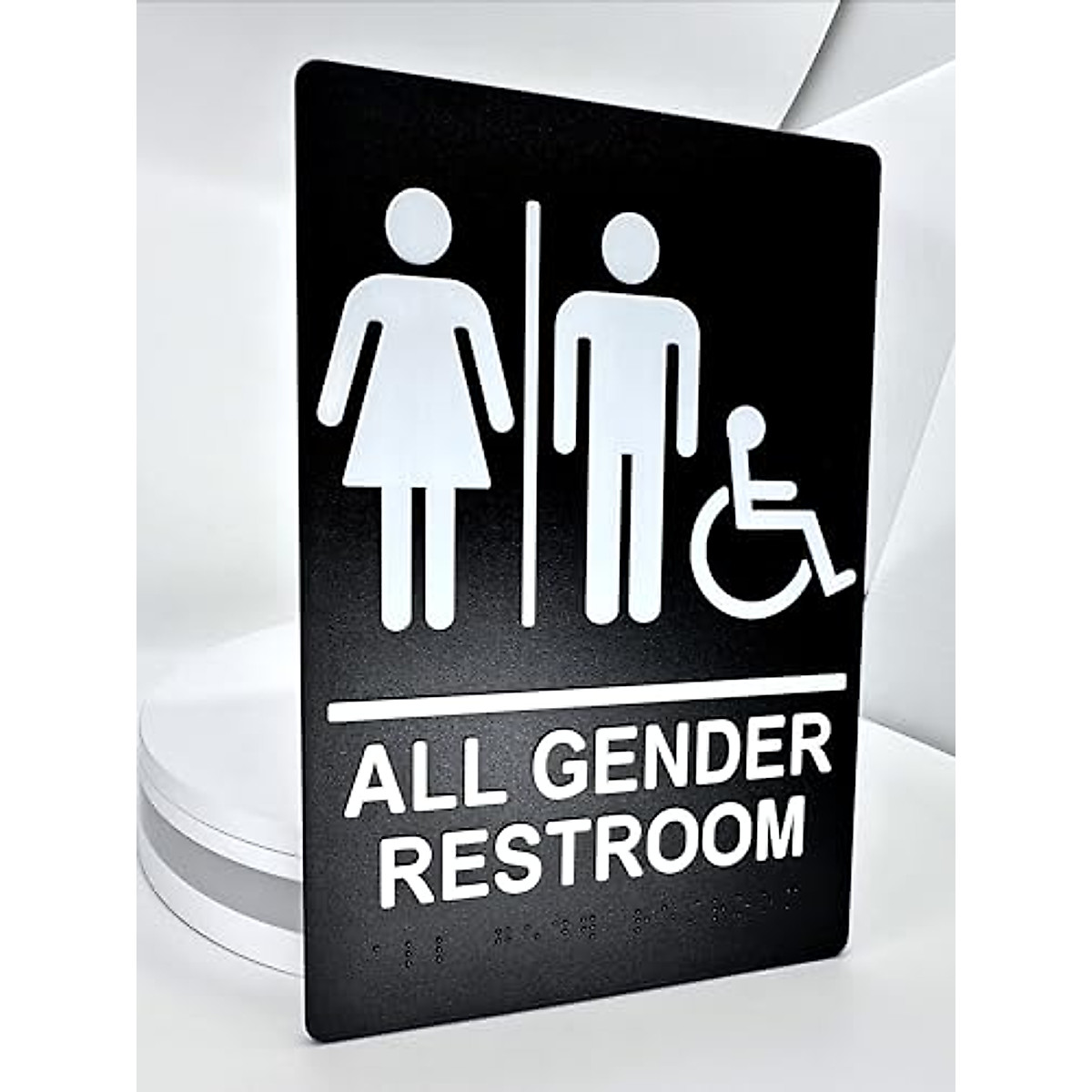 All Gender Restroom Sign Set, ADA Compliant Title 24 Set, Wall & Door Sign, Braille Grade II(Californian), Title 24,12" Diameter Round Door Sign & Tactile Wall Sign (Black)