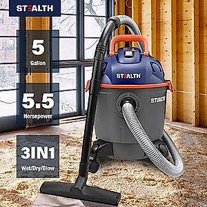 Stealth Wet/Dry Vacuum 5 Gallon, 5.5 Peak HP Shop Vacuum with Blower for Home, Garage, Car, Workshop,EMV051