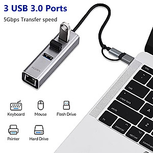 USB C to Ethernet Adapter YICORPS 3 Port USB 3.0 Expander Hub to RJ45 LAN with Gigabit Ethernet LAN Adapter for MacBook/Windows 10/8.1/Surface Pro/Chromebook/Linux and More Laptop