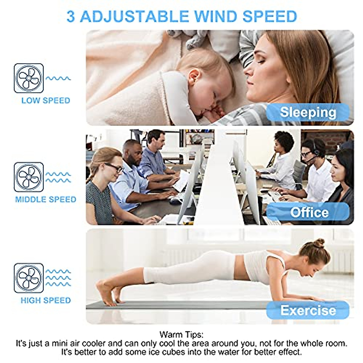 Portable Air Conditioner Fan, Mini Fan Air Cooler with 3 Wind Speeds, Desktop Evaporative Air Humidifier, Cooling Fan with Anion for Bedroom, Office, Dorm, Car, Camping Tent