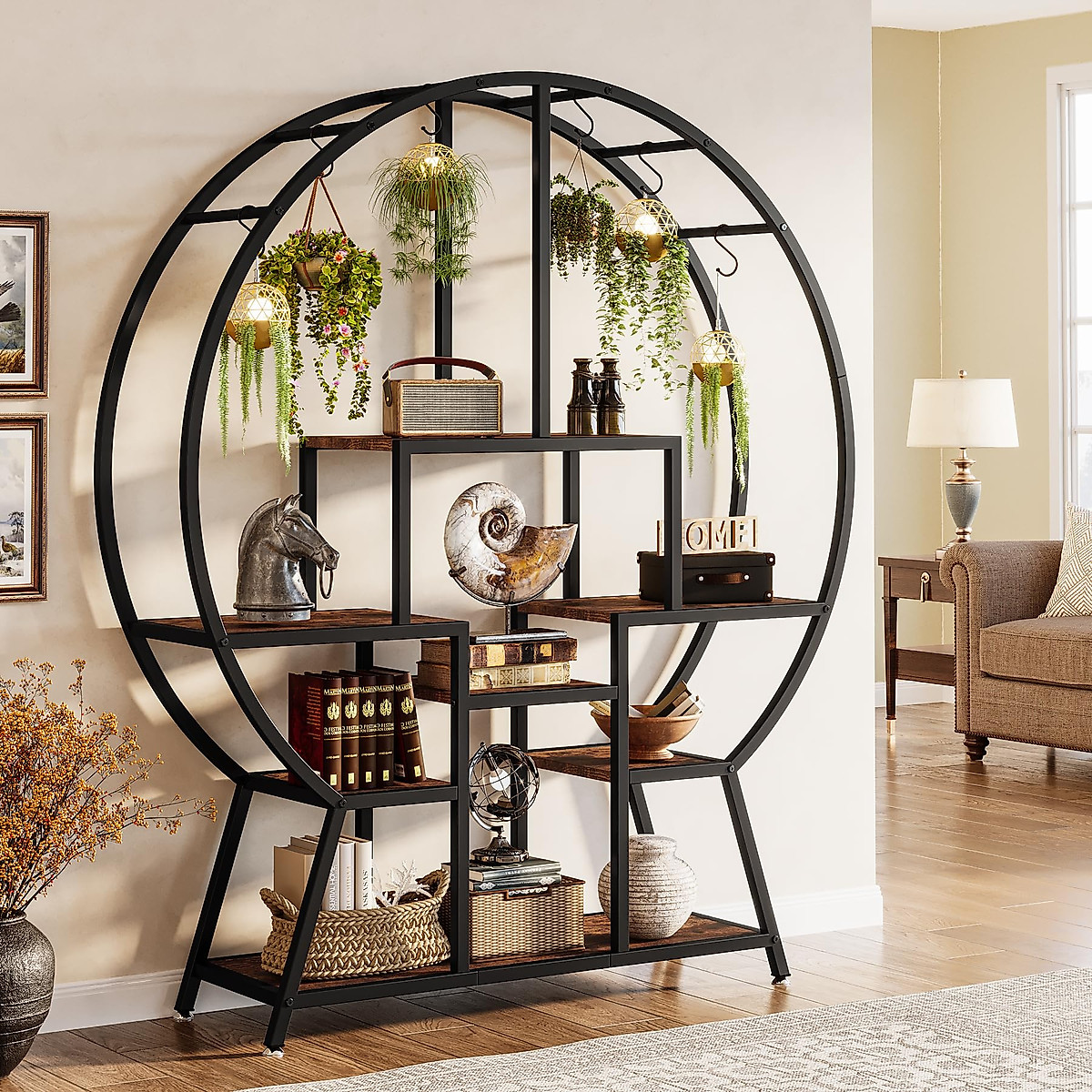 Tribesigns 65" Large Bookshelf Bookcase, Industrial Round Etagere Bookshelves with 7-Tier Storage Shelving, Open Display Shelves Wood Plant Stand for Living Room, Bedroom, Home Office