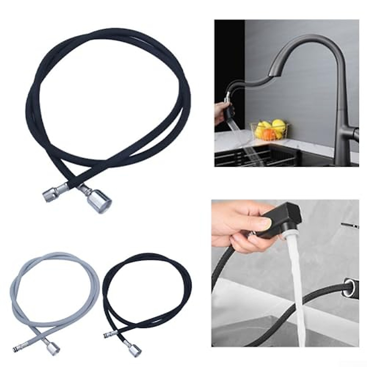 1.5m Pull Down Kitchen Faucet Hose Replacement, Flexible Pull Down Faucet Sprayer Hose Pull Out Faucet Hose Replacement With Quick Connect, 59-inch For Pluggable Nylon Hose(Snap-Gray)