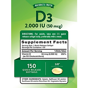 Nature's Truth Vitamin D3 2000 IU Softgels | 150 Count | High Potency | Non-GMO and Gluten Free Supplement