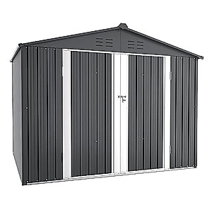 Incbruce 8x6 Ft Outdoor Storage Shed Double Sloping Roof Garden Shed, Galvanized Metal Storage Shed with Sliding Door, Metal Shed Kit with Double Doorknobs and Air Vents (Grey)