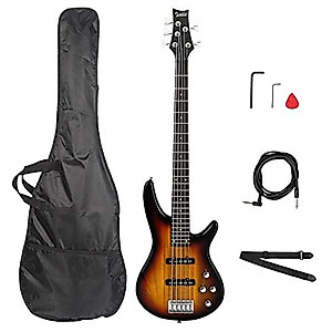 Bass Glarry GIB Electric 5 String Bass Guitar Full Size Bag Strap Pick Connector Wrench Tool Sunset Color