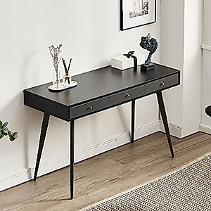 JURMALYN 47" Mid Century Modern Desk with Drawers Black Computer Desk Minimalist Desk with Metal Legs for Home Office, Easy Assembly (Black + Dark Grey)
