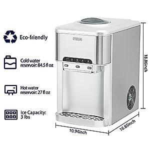 Countertop Ice Maker with 3-in-1 Water Cooler Dispenser, Kognita Countertop Stainless Steel Ice Makers, Top Loading 3-5 Gallon or Bottless, 44lbs Ice Cubes in 24H for Home, Office, Kitchen