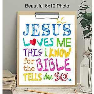 Religious Christian Kids Room Decor for Girls, Boys, Toddler Bedroom - Cute Baby Shower Gift - Jesus Loves Me Bible Verse Wall Art Print - 8x10 Poster Picture