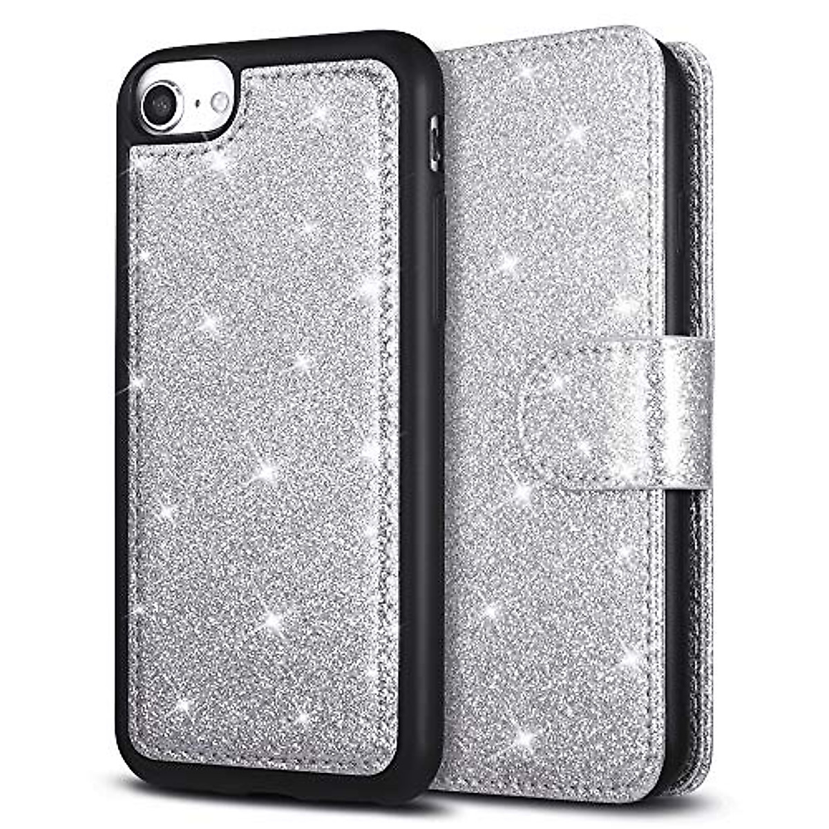 QLTYPRI iPhone 7 Plus Case iPhone 8 Plus Case Glitter PU Leather Wallet Case Detachable Magnetic Slim Case with Card Slots Kickstand 2 in 1 Design Removable Back Cover for iPhone 7P 8P - Silver