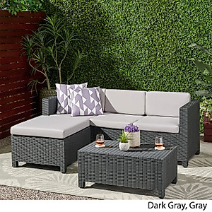 Great Deal Furniture Stephanie Outdoor Faux Wicker 3 Seater Sectional Set with Ottoman, Dark Gray and Gray
