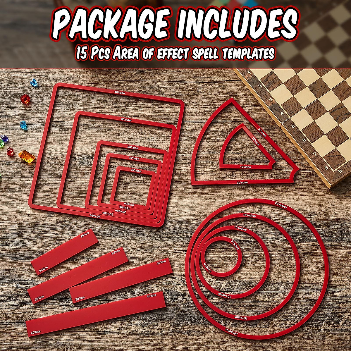 Sintuff 15 Pcs Spell AOE Damage Template Red Translucent Acrylic Area of Effect Spell Templates Set Include 5 Cube 4 Circle 2 Cone 4 Line Templates for Gifts Tabletop RPG Gaming Accessories Tools