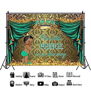Renaiss 5x3ft Prince Baby Shower Backdrop Royal Green Curtain Gold Crown Photography Background Our Litlle Prince is on The Way Banner Newborn Boy Gender Reveal Party Decor Photo Studio Booth Props