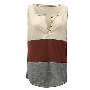 HMing Womens Henley Tank Tops Summer Sleeveless V Neck Contrast Color Casual Shirts Basic Blouses Vest with Buttons