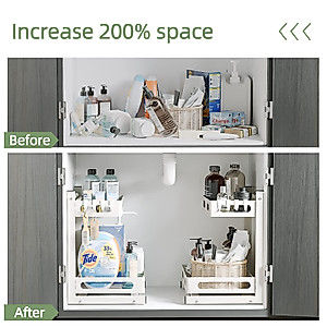 NETEL Under Sink Organizer,Pull Out Sliding Cabinet Basket Organizer 2 Tier Under Bathroom Storage Rack, Multi-Use for, Height Adjustable, With PP Frosted Pad, With strong double-sided adhesive, White